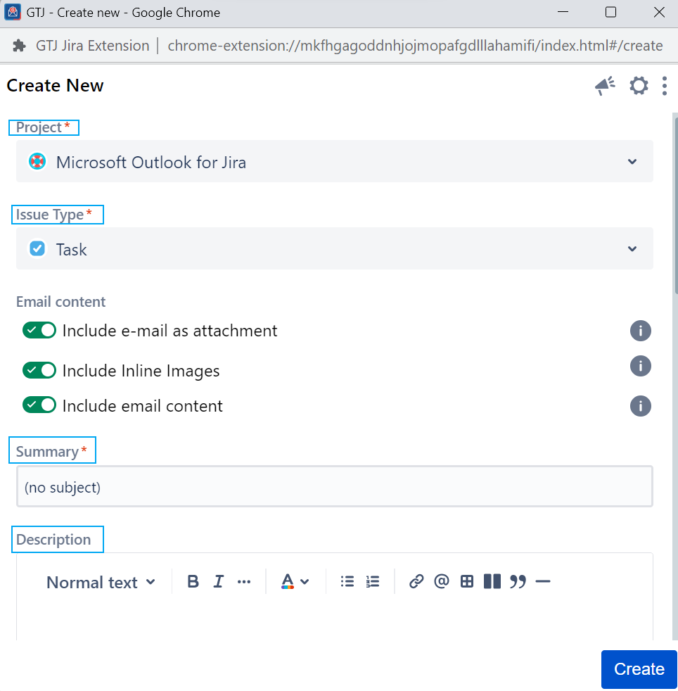 Create a New Issue - Jira Extension in Chrome (Beta) - Google To Jira - GTJ - Infosysta Confluence